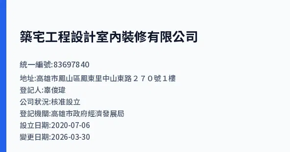 築宅工程設計室內裝修有限公司的照片-統編 83697840(高雄市) 公司登記資料與營業項目詳細圖表
