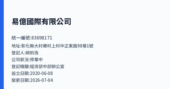 易億國際有限公司的照片-統編 83698171(彰化縣) 公司登記資料與營業項目詳細圖表
