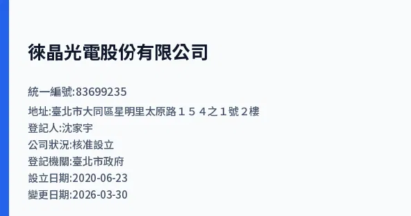 徠晶光電股份有限公司的照片-統編 83699235(臺北市) 公司登記資料與營業項目詳細圖表