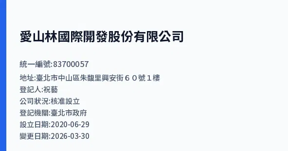 愛山林國際開發股份有限公司的照片-統編 83700057(臺北市) 公司登記資料與營業項目詳細圖表