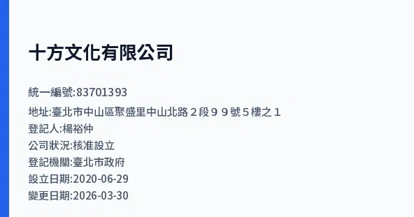 十方文化有限公司的照片-統編 83701393(臺北市) 公司登記資料與營業項目詳細圖表