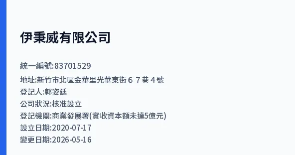 伊秉威有限公司的照片-統編 83701529(新竹市) 公司登記資料與營業項目詳細圖表