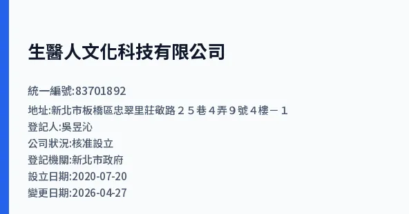 生醫人文化科技有限公司的照片-統編 83701892(新北市) 公司登記資料與營業項目詳細圖表