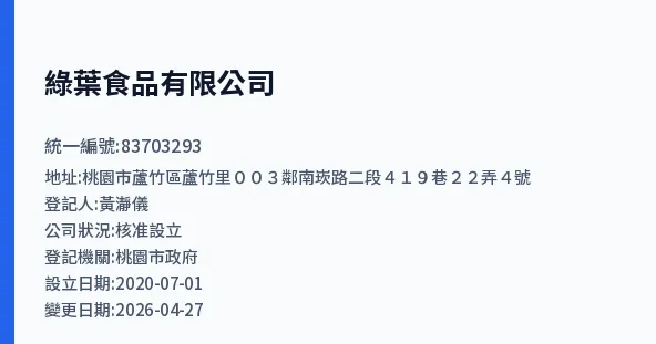 綠葉食品有限公司的照片-統編 83703293(桃園市) 公司登記資料與營業項目詳細圖表