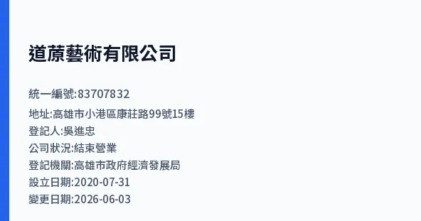 道蒝藝術有限公司的照片-統編 83707832(高雄市) 公司登記資料與營業項目詳細圖表
