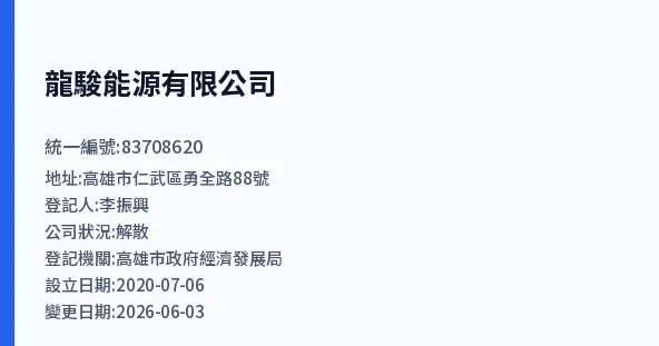 龍駿能源有限公司的照片-統編 83708620(高雄市) 公司登記資料與營業項目詳細圖表