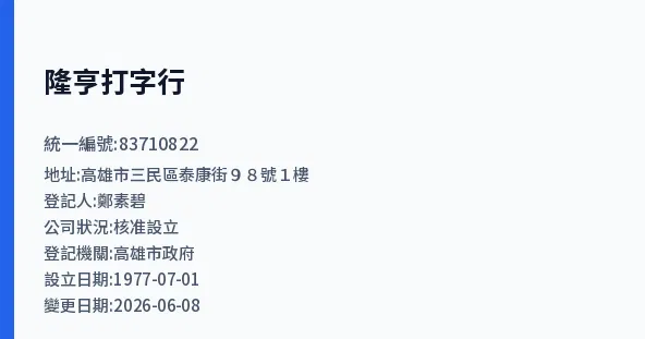 隆亨打字行的照片-統編 83710822(高雄市) 公司登記資料與營業項目詳細圖表