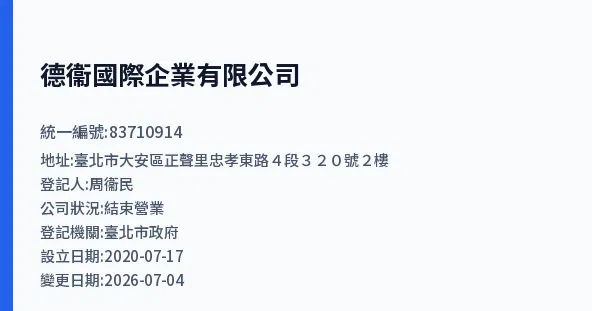 德衞國際企業有限公司的照片-統編 83710914(臺北市) 公司登記資料與營業項目詳細圖表