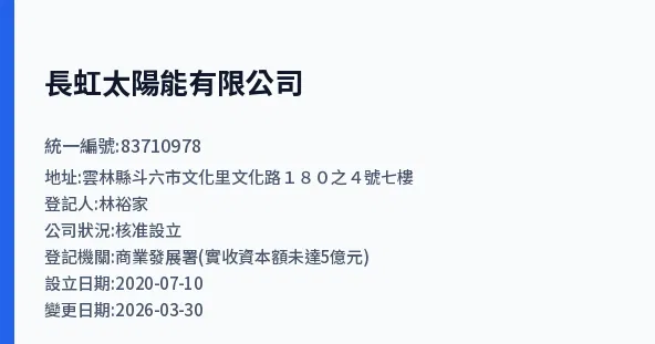 長虹太陽能有限公司的照片-統編 83710978(雲林縣) 公司登記資料與營業項目詳細圖表