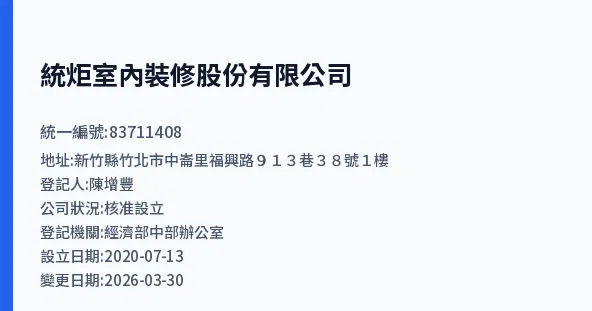 統炬室內裝修股份有限公司的照片-統編 83711408(新竹縣) 公司登記資料與營業項目詳細圖表