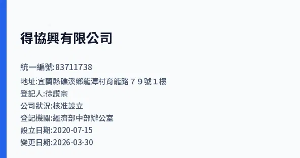 得協興有限公司的照片-統編 83711738(宜蘭縣) 公司登記資料與營業項目詳細圖表