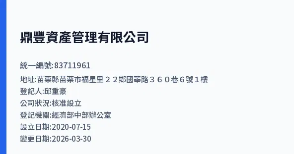 鼎豐資產管理有限公司的照片-統編 83711961(苗栗縣) 公司登記資料與營業項目詳細圖表