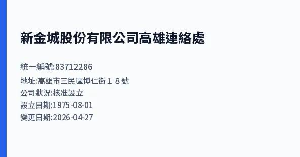 新金城股份有限公司高雄連絡處的照片-統編 83712286(高雄市) 公司登記資料與營業項目詳細圖表