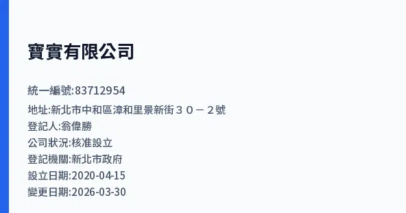 寶實有限公司的照片-統編 83712954(新北市) 公司登記資料與營業項目詳細圖表
