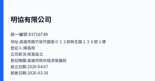 明協有限公司的照片-統編 83716749(高雄市) 公司登記資料與營業項目詳細圖表