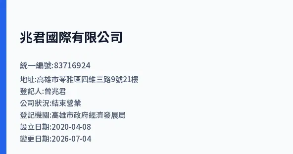 兆君國際有限公司的照片-統編 83716924(高雄市) 公司登記資料與營業項目詳細圖表