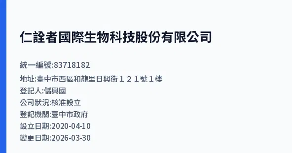 仁詮者國際生物科技股份有限公司的照片-統編 83718182(臺中市) 公司登記資料與營業項目詳細圖表