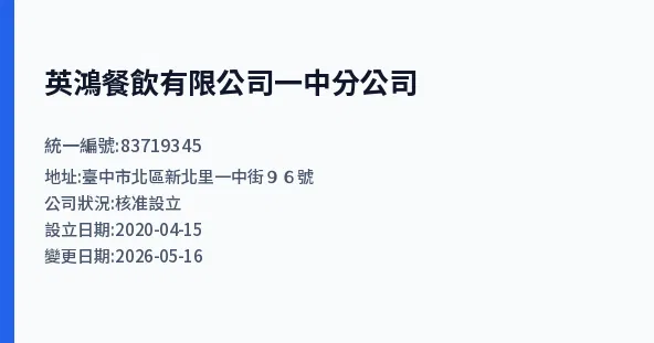 英鴻餐飲有限公司一中分公司的照片-統編 83719345(臺中市) 公司登記資料與營業項目詳細圖表