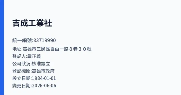 吉成工業社的照片-統編 83719990(高雄市) 公司登記資料與營業項目詳細圖表