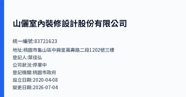 山儷室內裝修設計股份有限公司的照片-統編 83721623(桃園市) 公司登記資料與營業項目詳細圖表