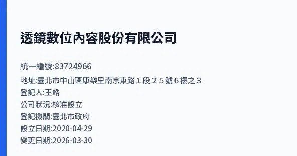 透鏡數位內容股份有限公司的照片-統編 83724966(臺北市) 公司登記資料與營業項目詳細圖表