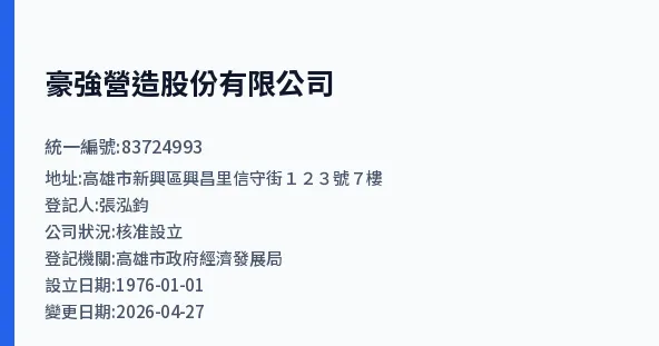 豪強營造股份有限公司的照片-統編 83724993(高雄市) 公司登記資料與營業項目詳細圖表