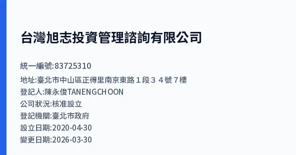 台灣旭志投資管理諮詢有限公司的照片-統編 83725310(臺北市) 公司登記資料與營業項目詳細圖表