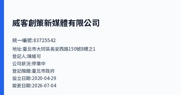 威客創策新媒體有限公司的照片-統編 83725542(臺北市) 公司登記資料與營業項目詳細圖表