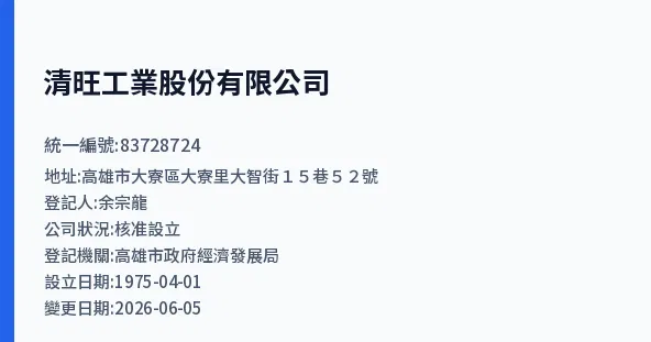 清旺工業股份有限公司的照片-統編 83728724(高雄市) 公司登記資料與營業項目詳細圖表