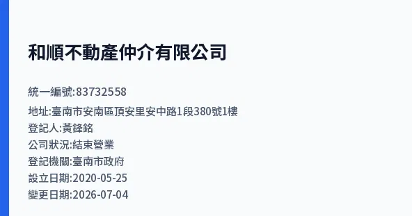 和順不動產仲介有限公司的照片-統編 83732558(臺南市) 公司登記資料與營業項目詳細圖表