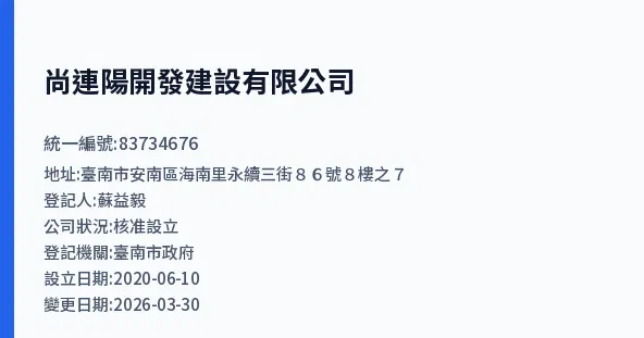 尚連陽開發建設有限公司的照片-統編 83734676(臺南市) 公司登記資料與營業項目詳細圖表
