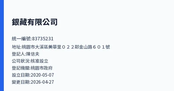 銀藏有限公司的照片-統編 83735231(桃園市) 公司登記資料與營業項目詳細圖表