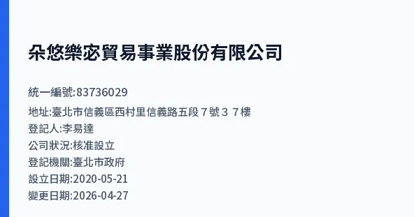 朵悠樂宓貿易事業股份有限公司的照片-統編 83736029(臺北市) 公司登記資料與營業項目詳細圖表