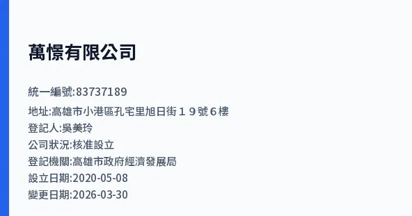 萬憬有限公司的照片-統編 83737189(高雄市) 公司登記資料與營業項目詳細圖表
