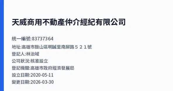 天威商用不動產仲介經紀有限公司的照片-統編 83737364(高雄市) 公司登記資料與營業項目詳細圖表