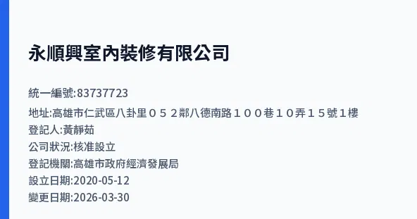 永順興室內裝修有限公司的照片-統編 83737723(高雄市) 公司登記資料與營業項目詳細圖表