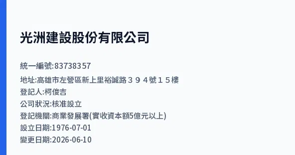 光洲建設股份有限公司的照片-統編 83738357(高雄市) 公司登記資料與營業項目詳細圖表