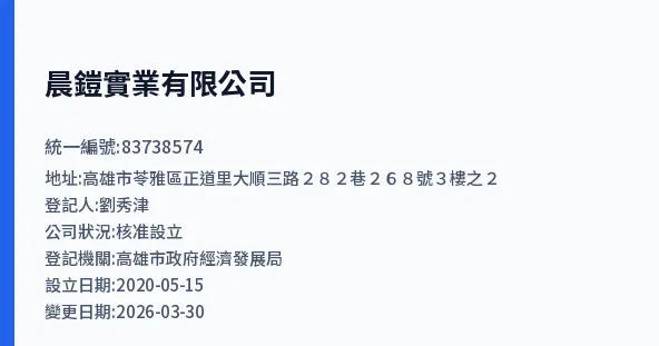 晨鎧實業有限公司的照片-統編 83738574(高雄市) 公司登記資料與營業項目詳細圖表