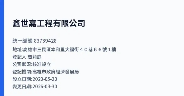 鑫世嘉工程有限公司的照片-統編 83739428(高雄市) 公司登記資料與營業項目詳細圖表