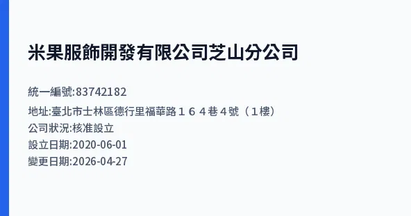 米果服飾開發有限公司芝山分公司的照片-統編 83742182(臺北市) 公司登記資料與營業項目詳細圖表