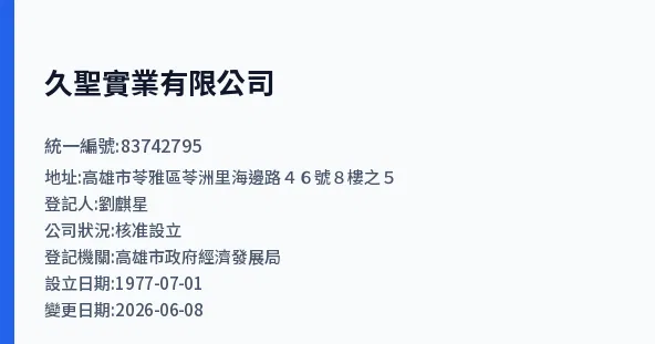久聖實業有限公司的照片-統編 83742795(高雄市) 公司登記資料與營業項目詳細圖表