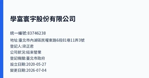 學富寰宇股份有限公司的照片-統編 83746238(臺北市) 公司登記資料與營業項目詳細圖表