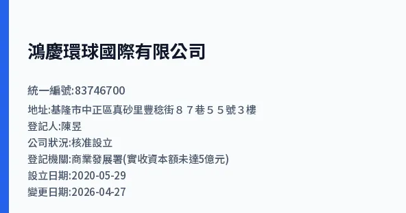 鴻慶環球國際有限公司的照片-統編 83746700(基隆市) 公司登記資料與營業項目詳細圖表
