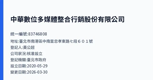 中華數位多媒體整合行銷股份有限公司的照片-統編 83746808(臺北市) 公司登記資料與營業項目詳細圖表