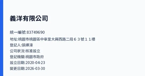 義洋有限公司的照片-統編 83749690(桃園市) 公司登記資料與營業項目詳細圖表