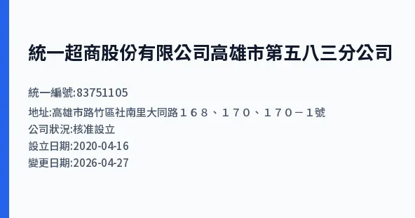 統一超商股份有限公司高雄市第五八三分公司的照片-統編 83751105(高雄市) 公司登記資料與營業項目詳細圖表