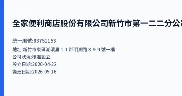 全家便利商店股份有限公司新竹市第一二二分公司的照片-統編 83751153(新竹市) 公司登記資料與營業項目詳細圖表