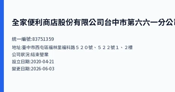 全家便利商店股份有限公司台中市第六六一分公司的照片-統編 83751359(臺中市) 公司登記資料與營業項目詳細圖表