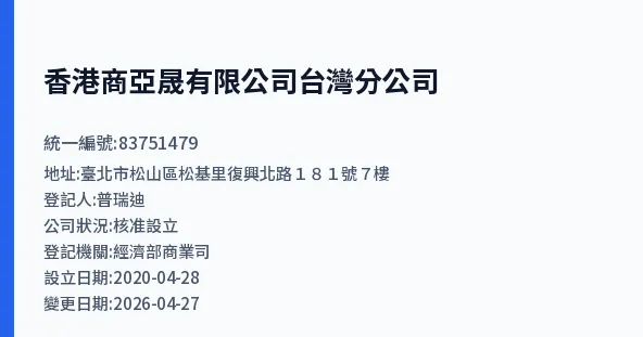 香港商亞晟有限公司台灣分公司的照片-統編 83751479(臺北市) 公司登記資料與營業項目詳細圖表