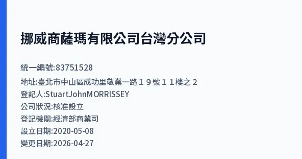 挪威商薩瑪有限公司台灣分公司的照片-統編 83751528(臺北市) 公司登記資料與營業項目詳細圖表